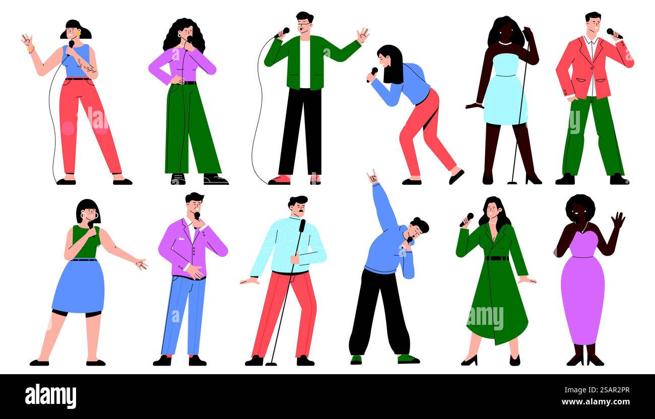 Singer characters. Cartoon singers with microphone in different poses ...