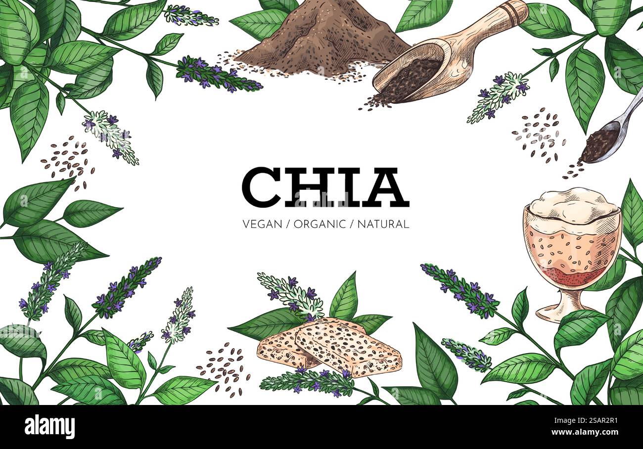 Chia framing. Restaurant and cafe superfood background with healthy ...