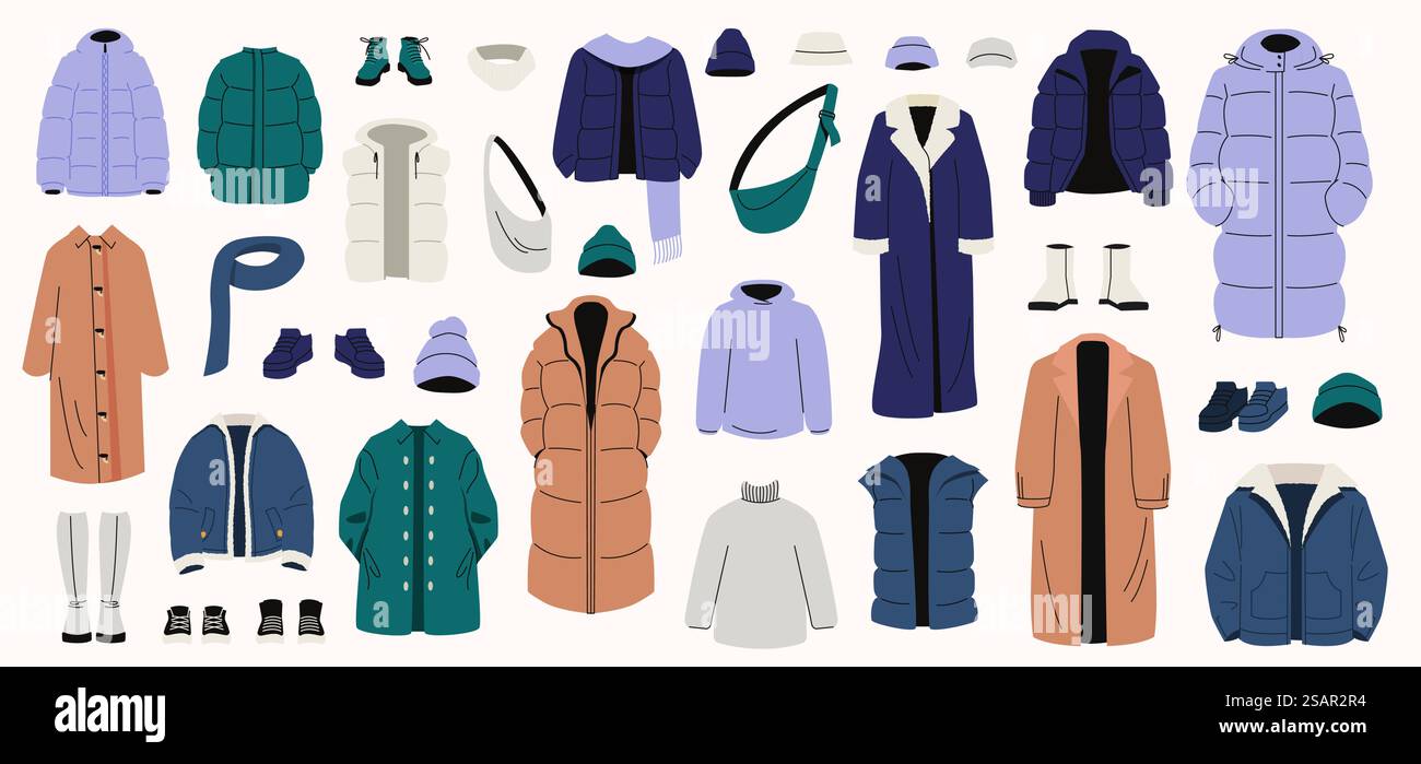 Winter clothes set. Cartoon winter wardrobe with casual and elegant ...