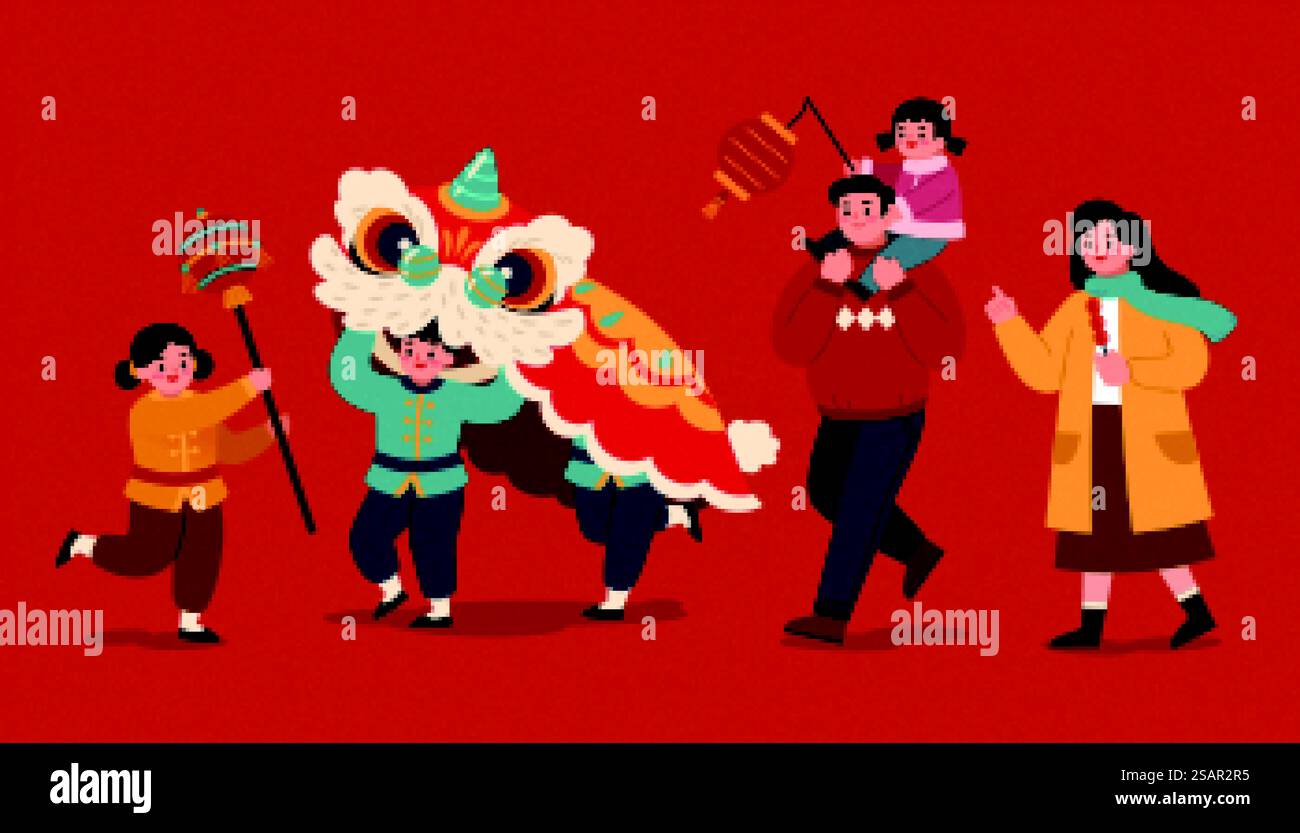 Hand drawn temple fair people characters design, including lion dance ...