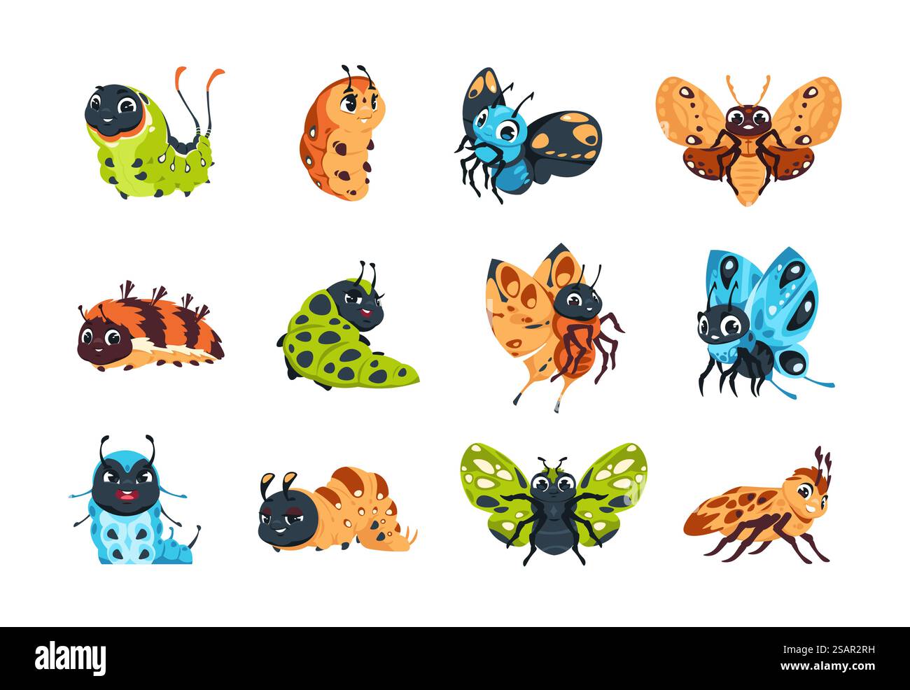 Caterpillar and butterfly. Cartoon cute bugs character with funny faces ...