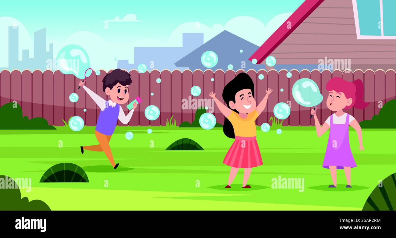 Kids playing with foam. Happy little people in action poses ...
