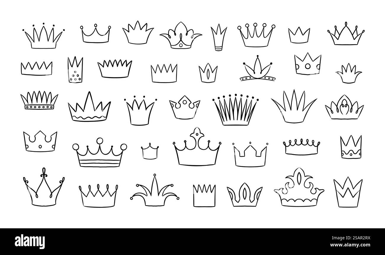 Doodle crown. Hand drawn king and queen line logo sketch. Street art ...