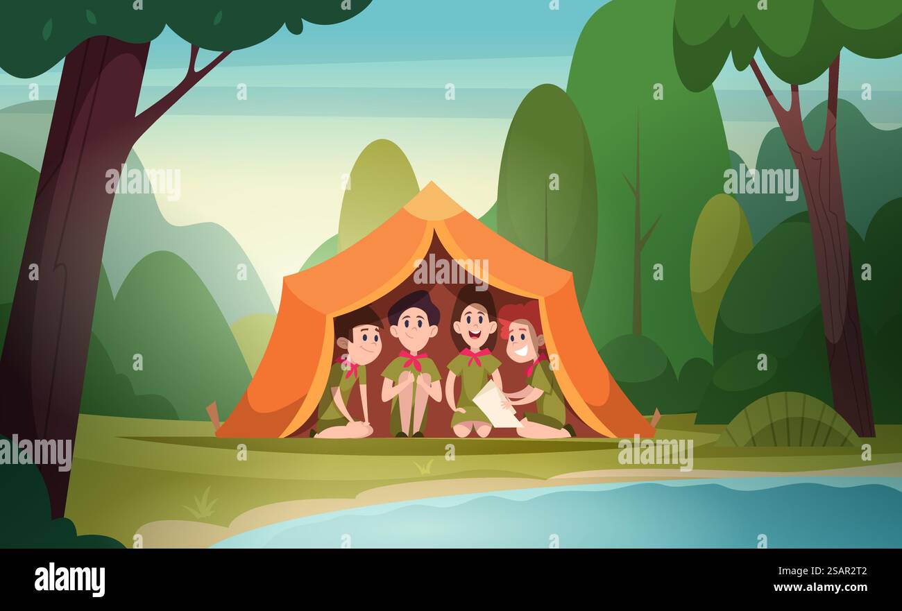 Scouts in tent. Teenage rangers survive in wildwood scouts group ...