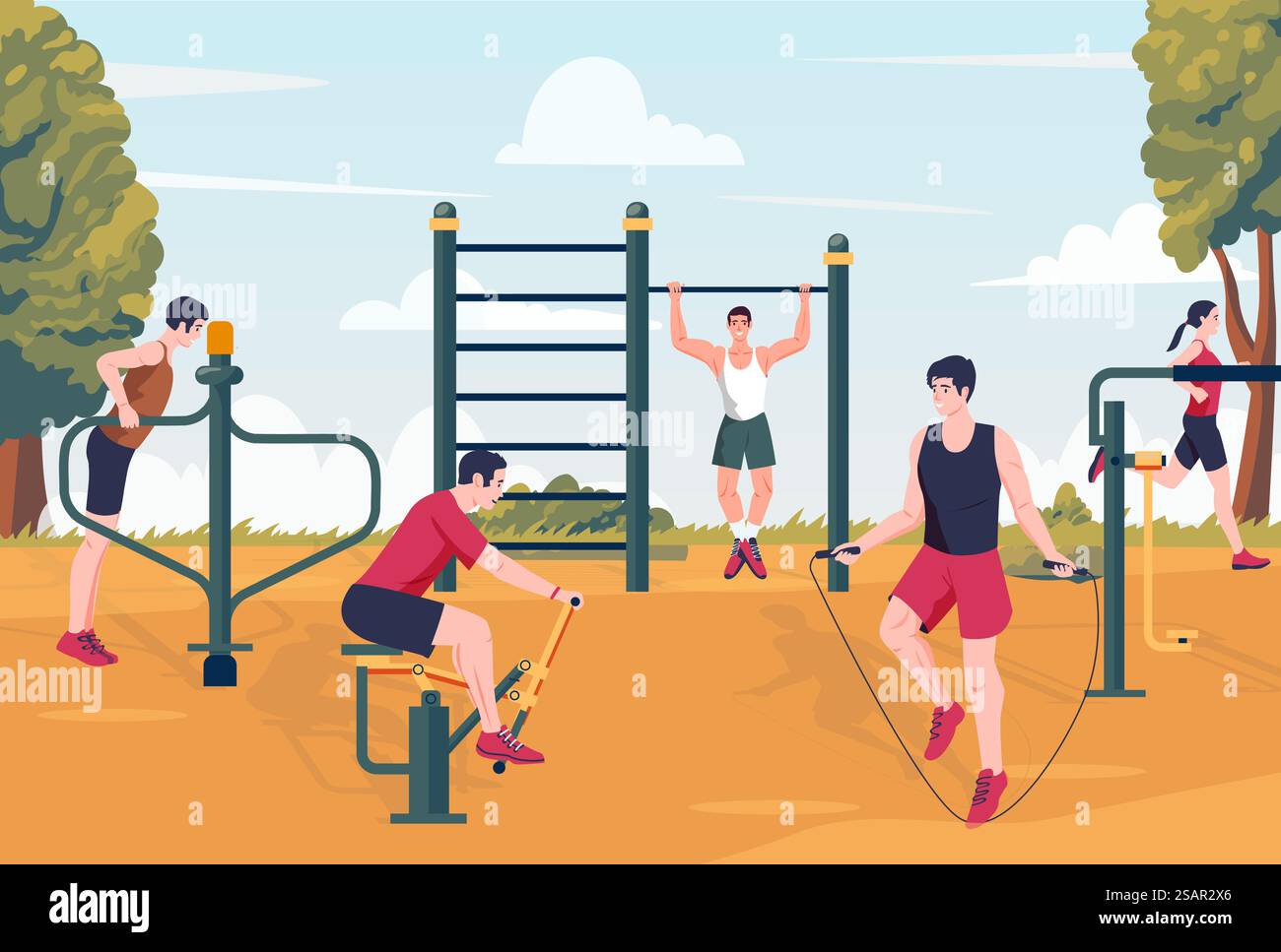 Outdoor workout group. People running and stretching, fitness athletes ...