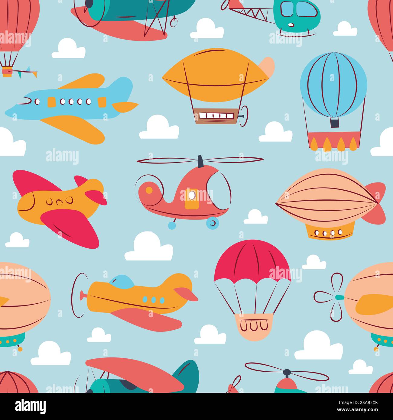 Airplane pattern. Kids avia transport helicopters airplanes rockets garish vector seamless ...