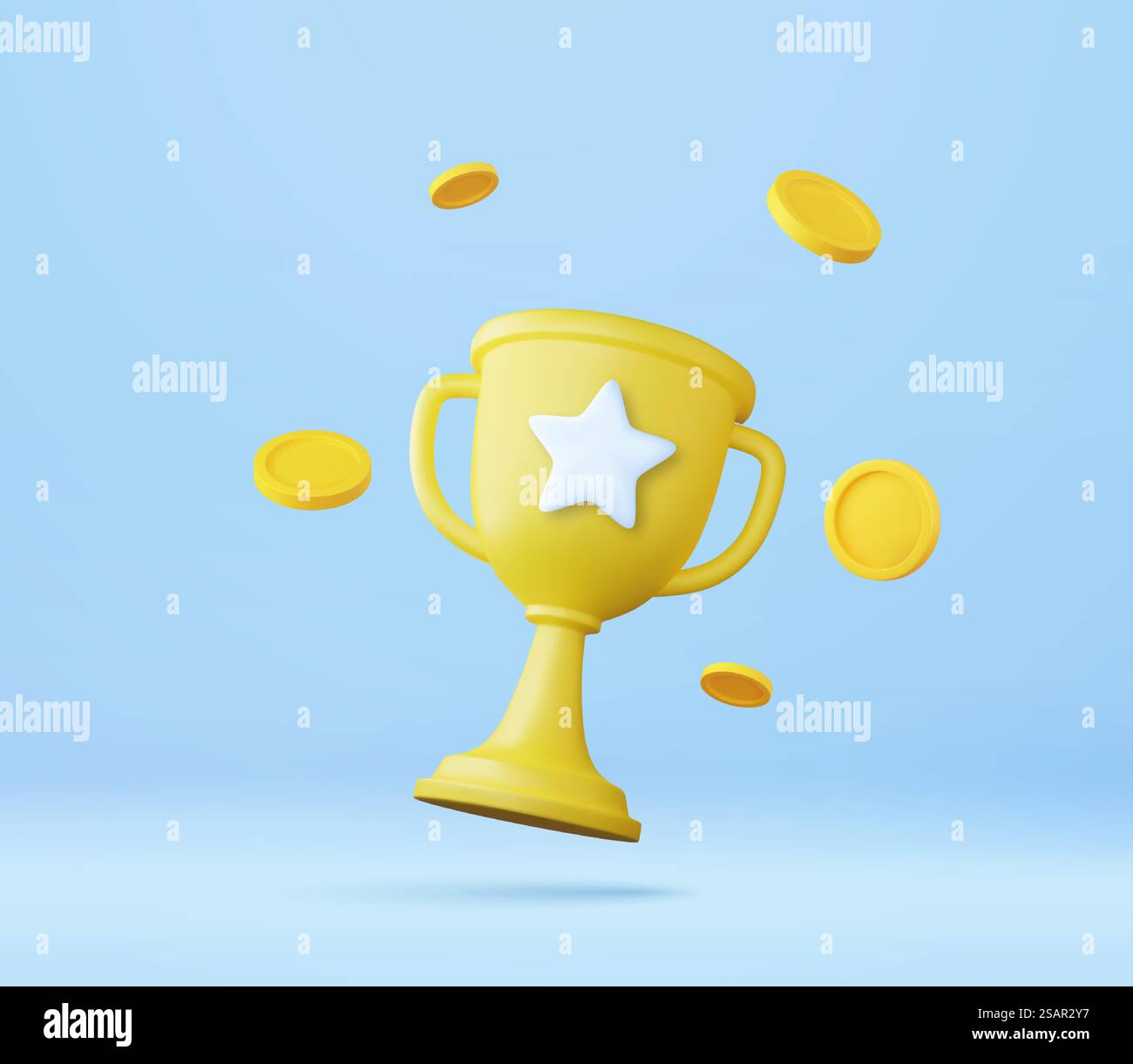 3d Champion trophy, gold cup and money coin icon. Winner prize, sport ...