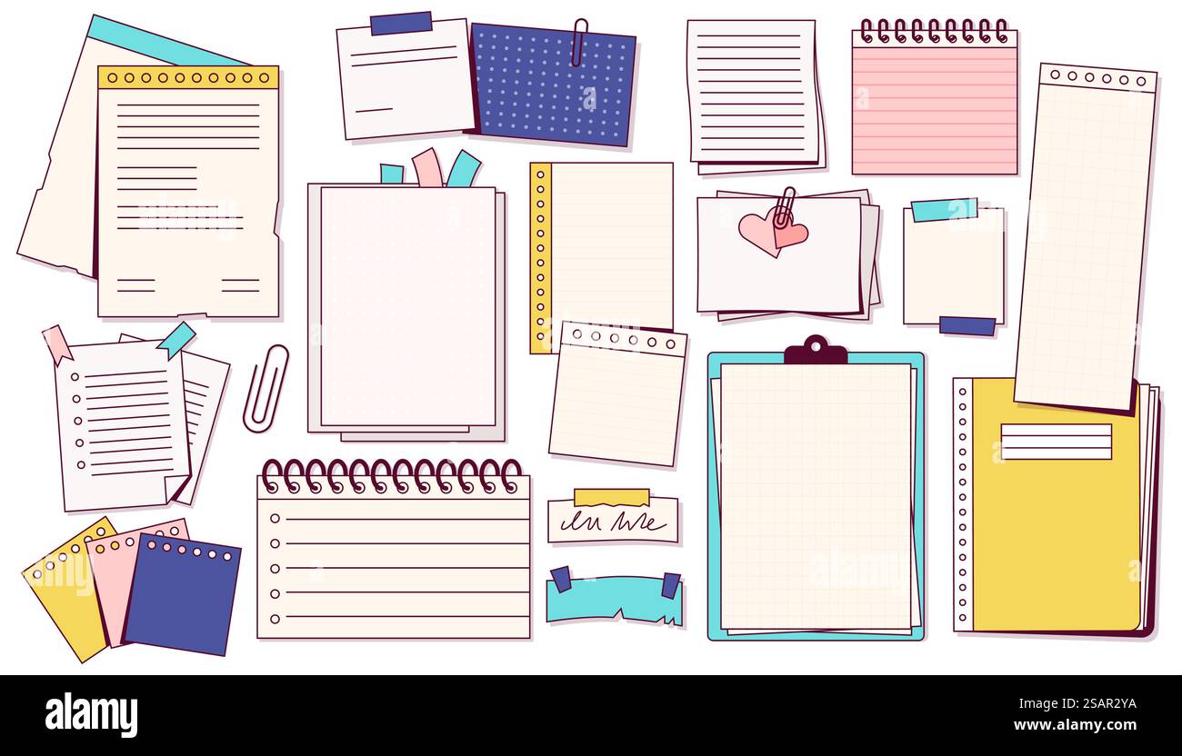 Notes and paper stationery. Doodle post-it note sheet with sticky note ...