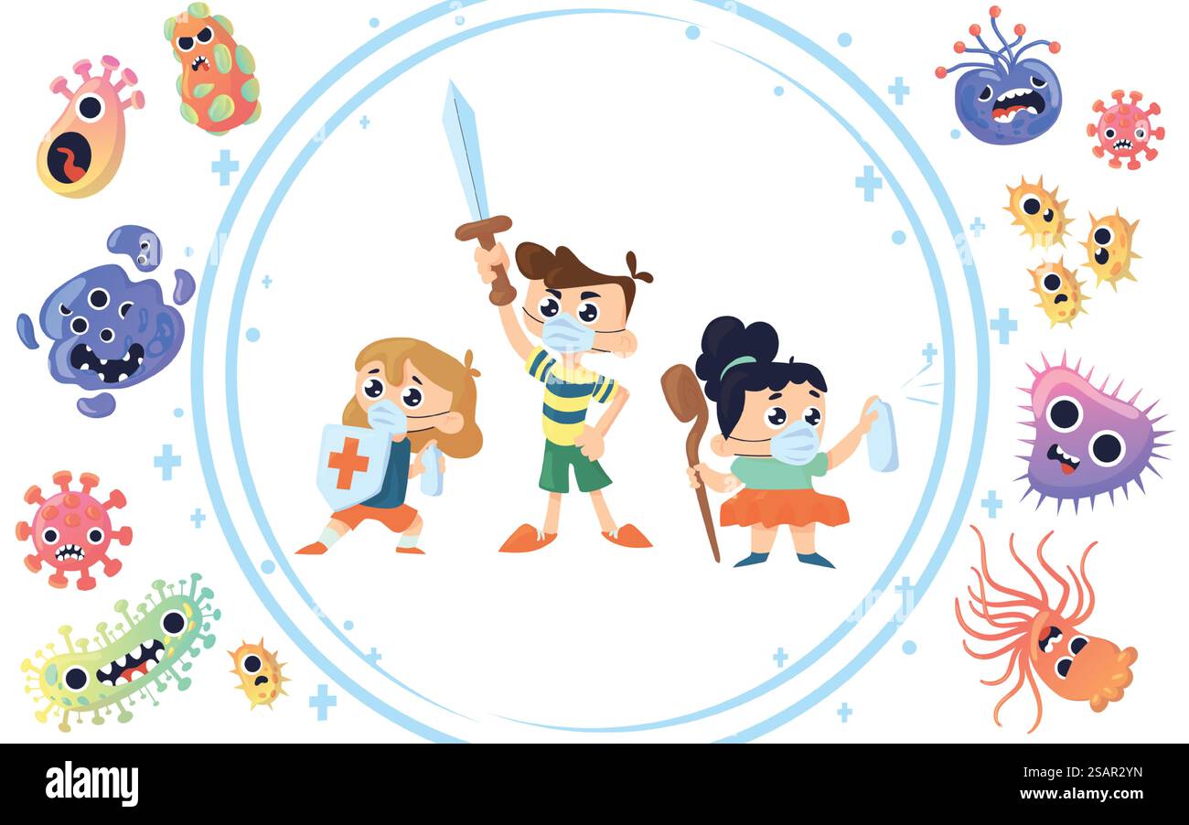 Kids fight virus. Cartoon children fighting against Covid and flu ...