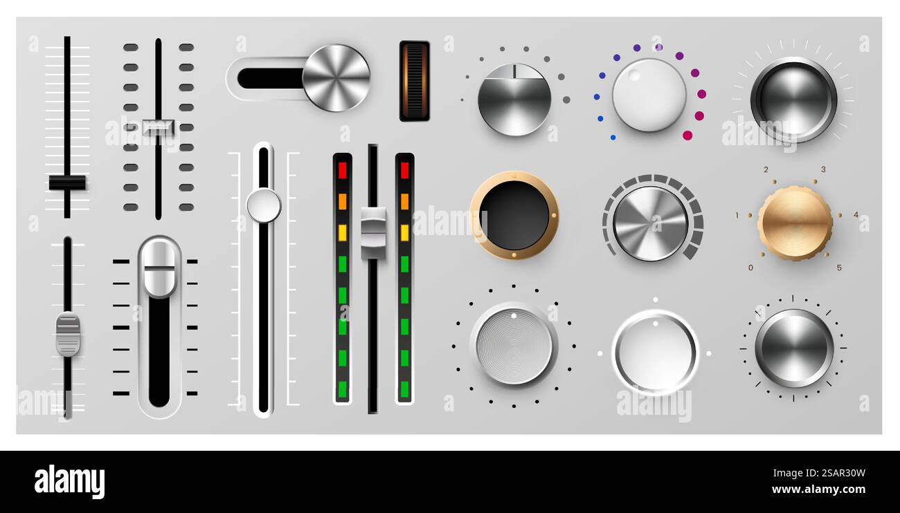 Realistic metal dashboard dial. Radio panel knobs. Round rotating ...