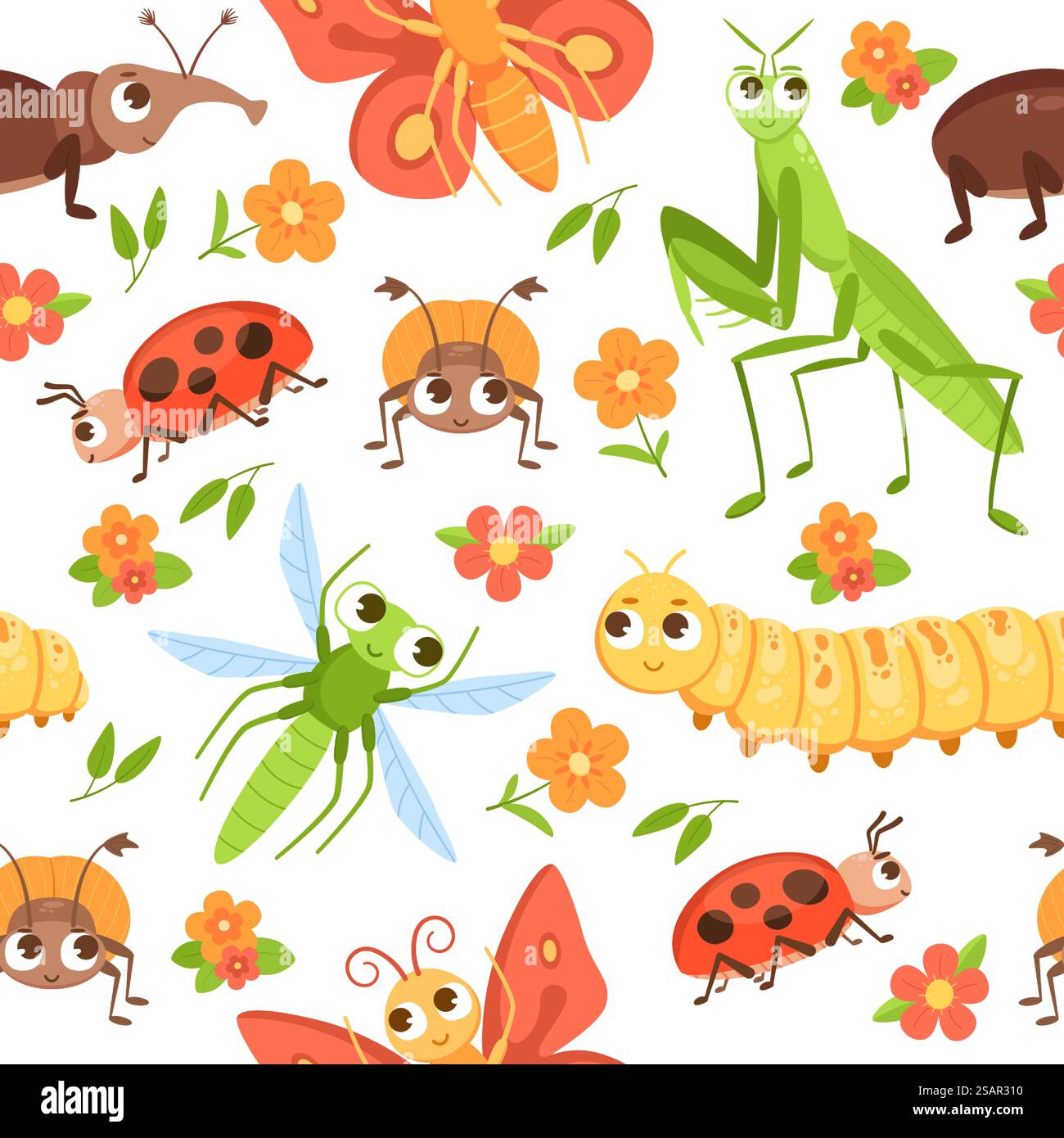 Cartoon bug pattern. Seamless print with cute insect characters and ...