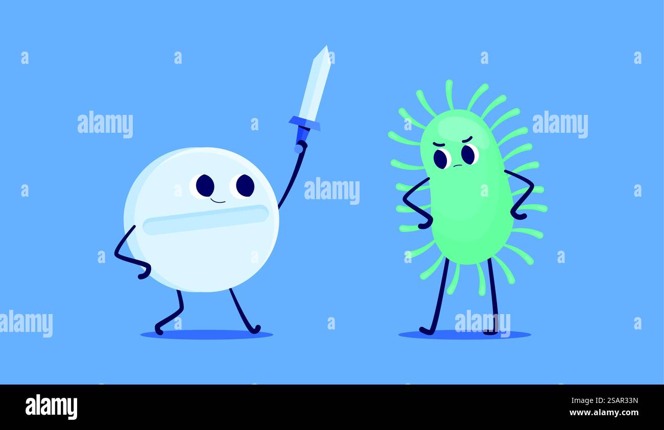 Cartoon pills fight virus. Antibiotic medication capsule, cute colorful ...