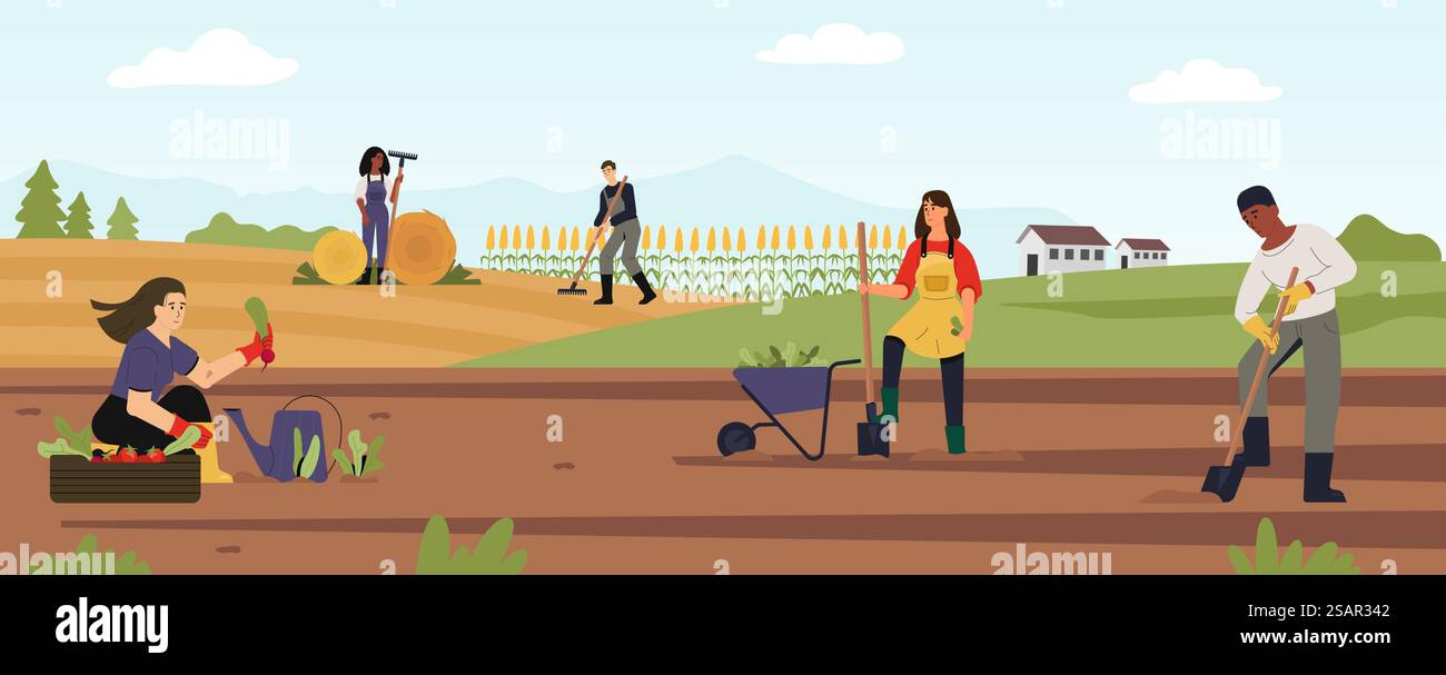 Agricultural workers work on farm landscape, collect harvest. Vector of ...