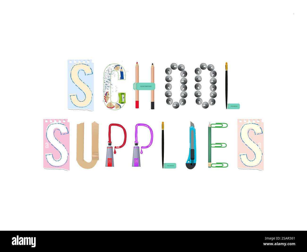 School supplies. alphabet letters with stationery tools vector template ...