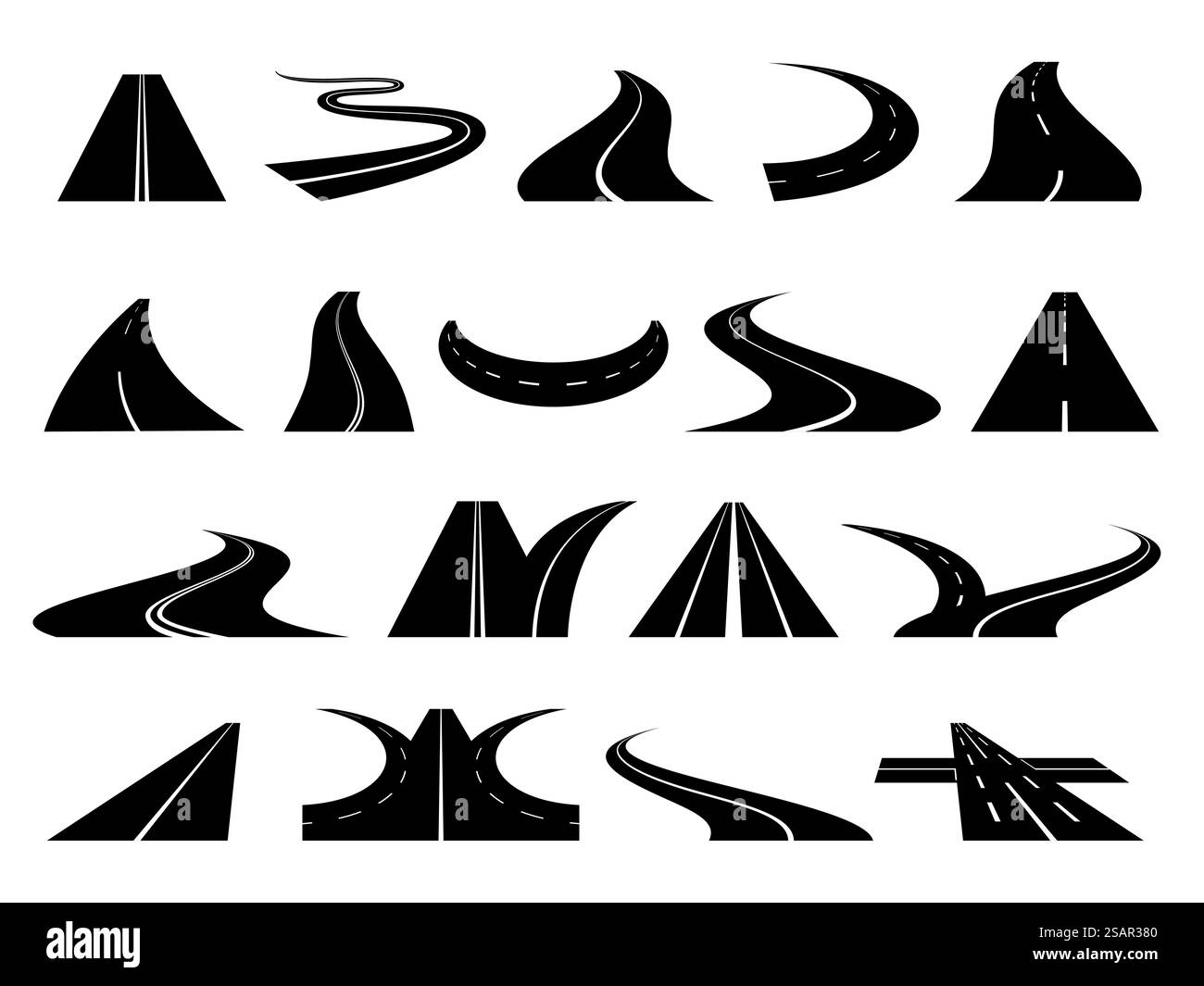 Curvy road elements. Perspective highway windings, winding road and ...