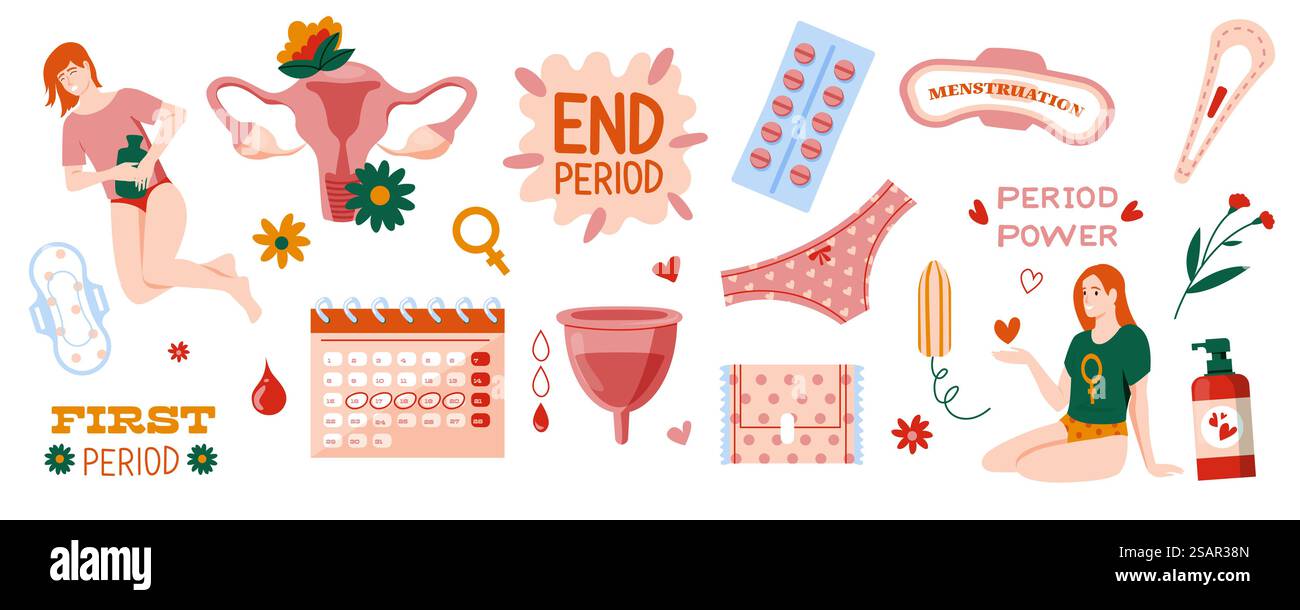 Menstrual periods set. Feminine cycle icons for paper napkins, cotton ...