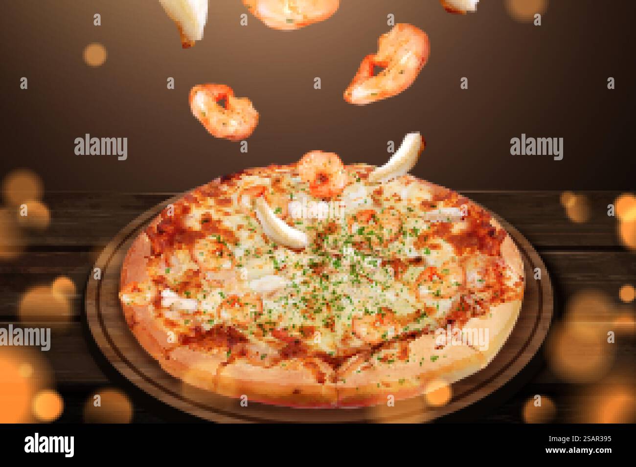 Tasty seafood pizza ads with flying shrimp and squid ring in 3d ...
