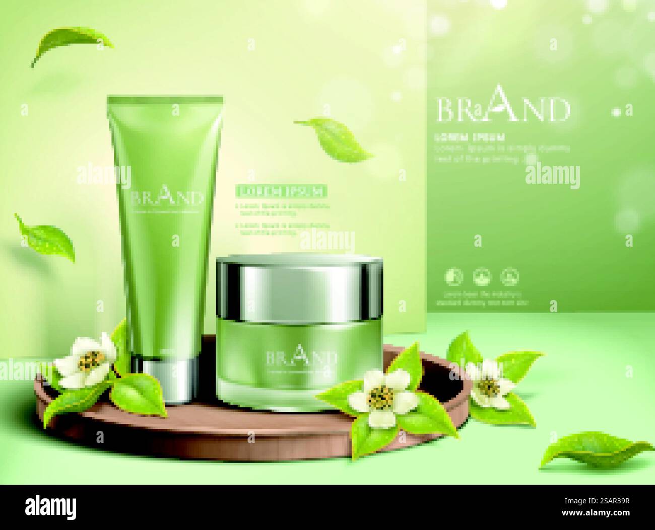 Green tea leaves cosmetic ads with shimmering effect in 3d illustration ...