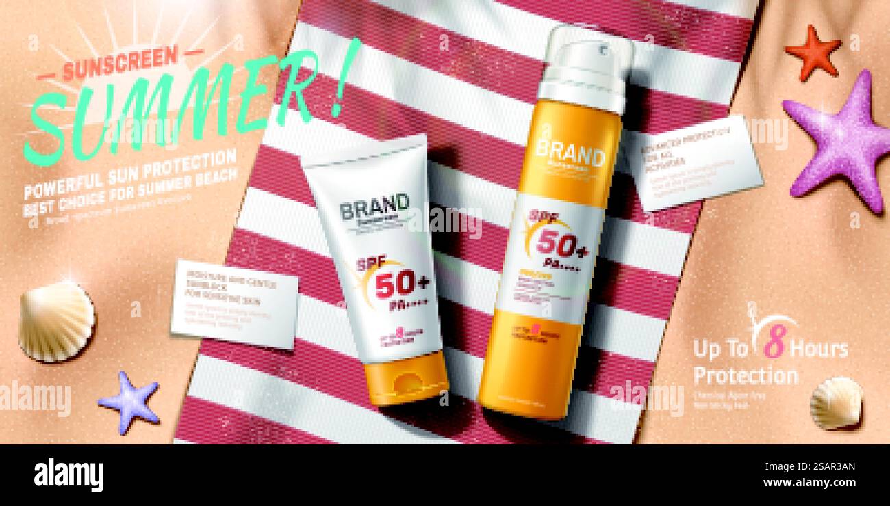 Sunscreen ads at relax summer beach scene in 3d illustration, top view ...