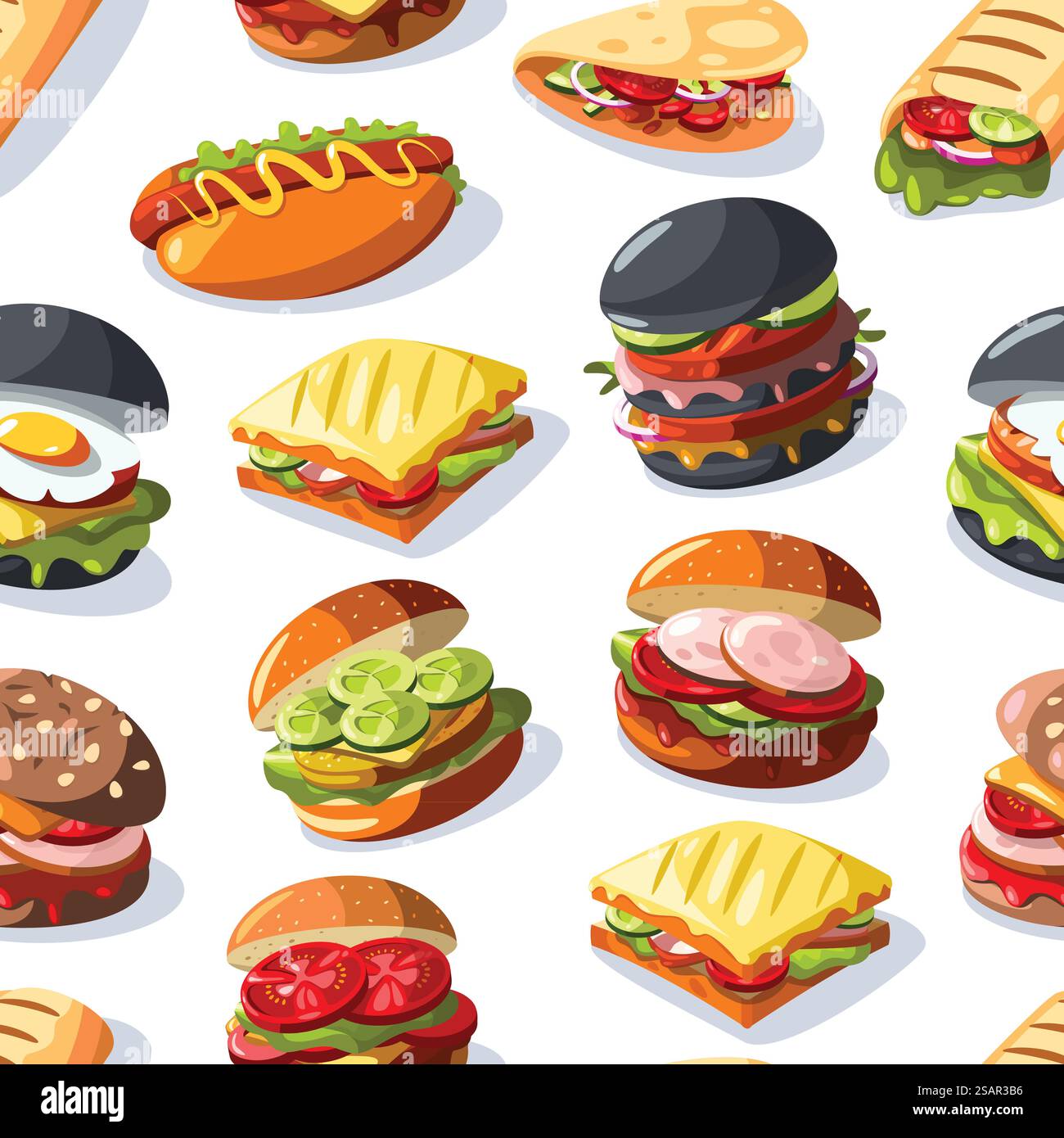 Burger sandwich pattern. Seamless print of fast food sandwiches ...