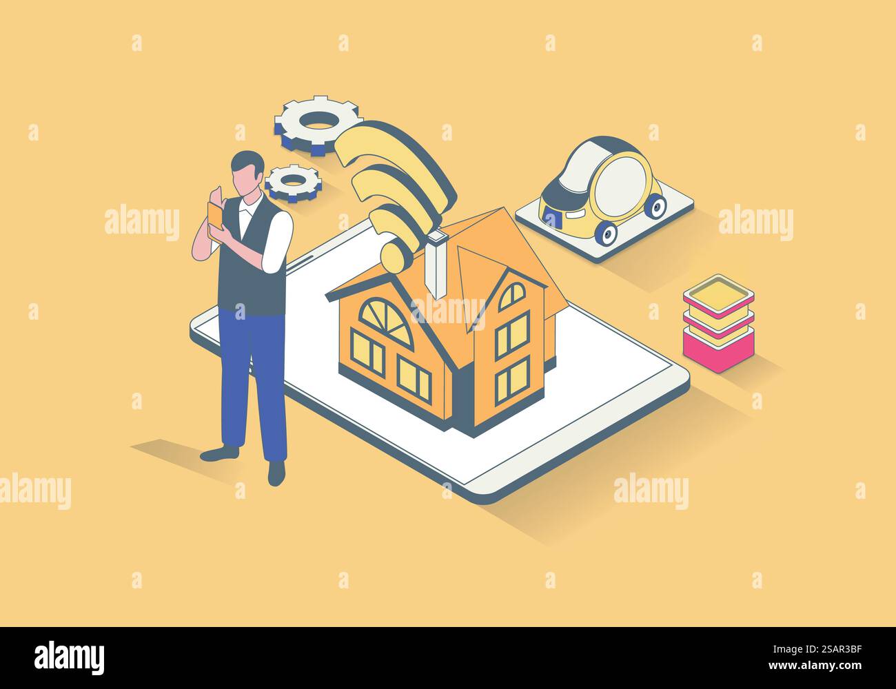 Smart home concept in 3d isometric design. Man monitoring house system ...
