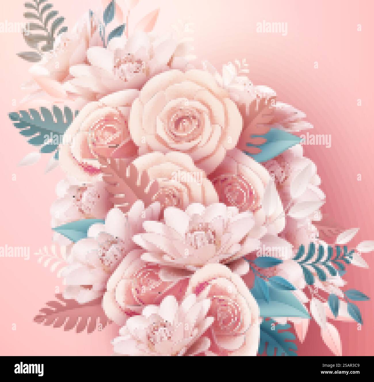 Light pink paper rose flower decorations in 3d illustration. Paper rose ...