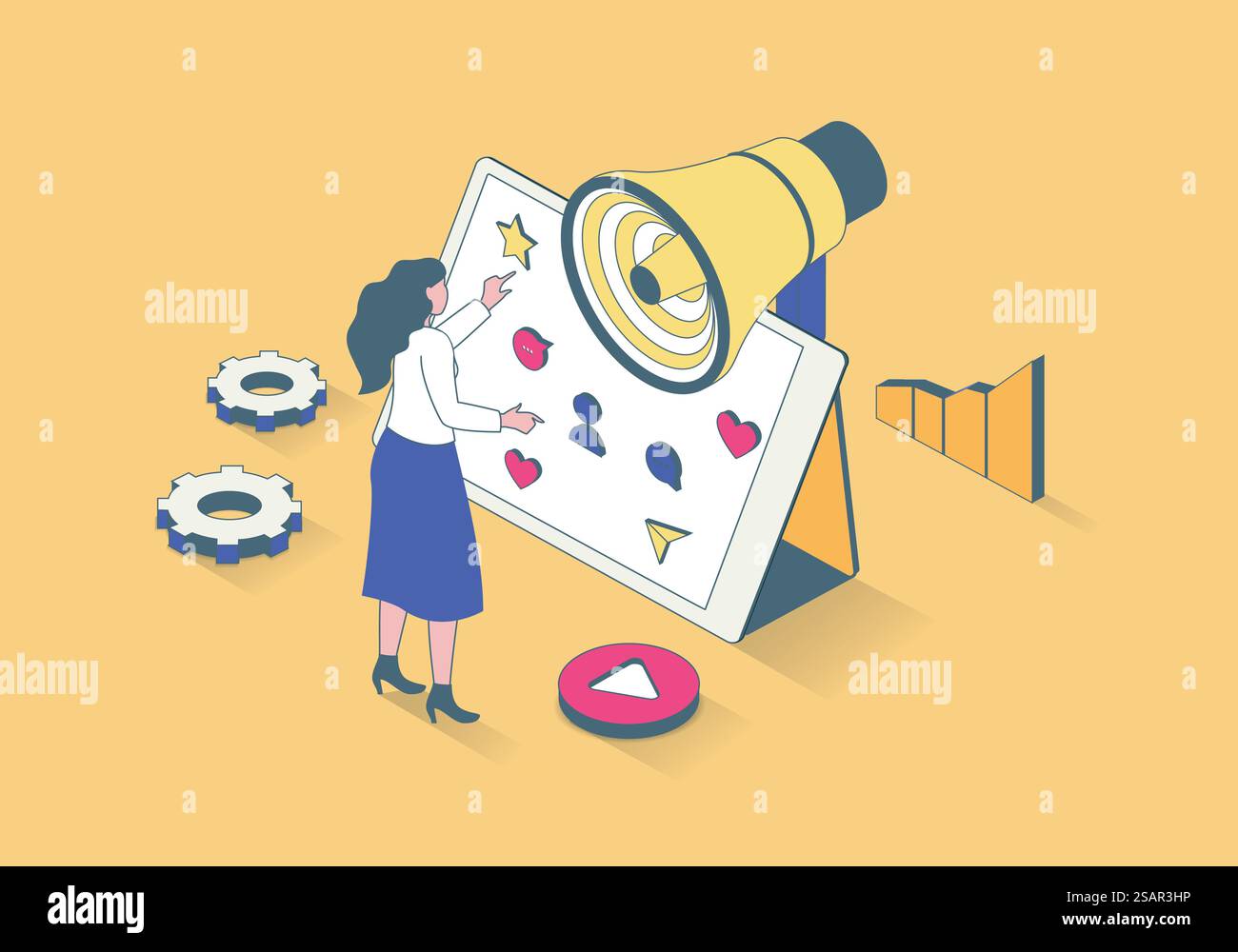 Social media marketing concept in 3d isometric design. Woman making ...