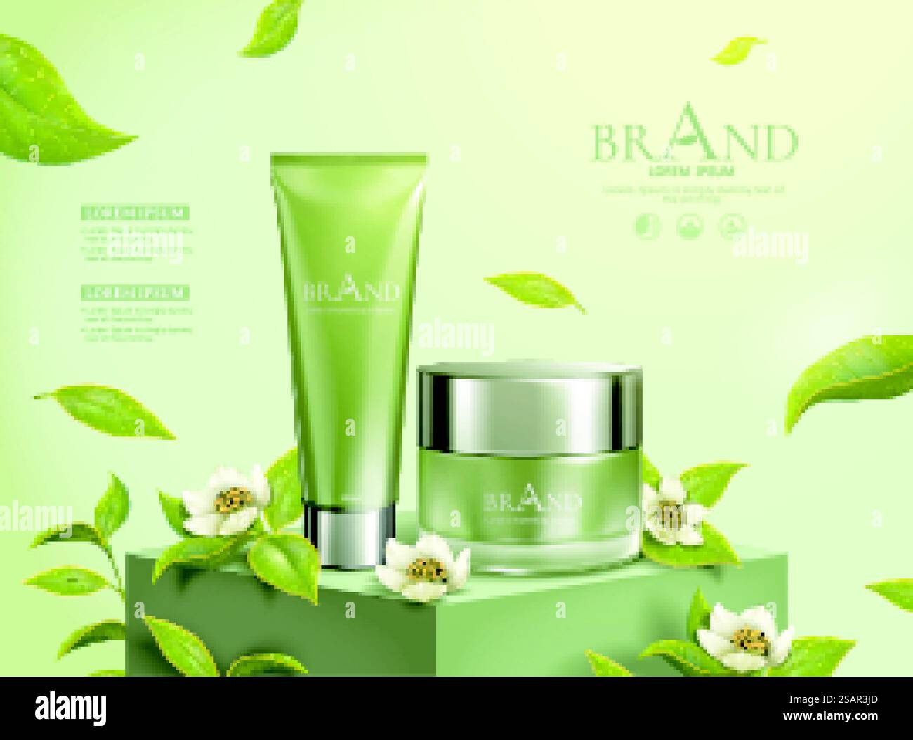 Green tea cosmetic ads with leaves flying in the air, 3d illustration ...