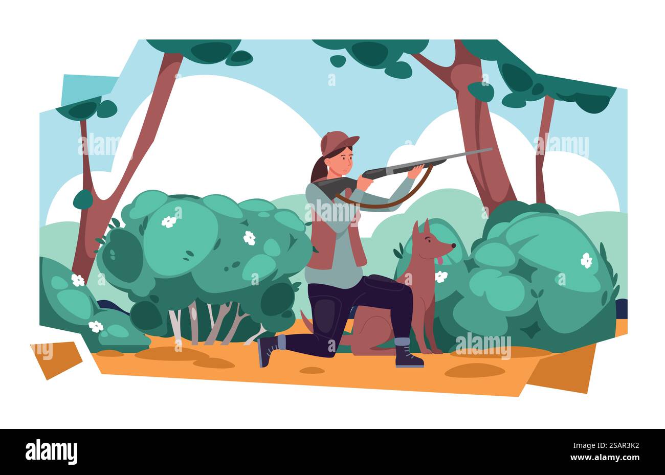 Hunter character. Cartoon female with hunting dog pointing weapon ...