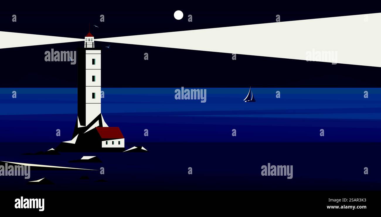 Night lighthouse landscape. Cartoon lighthouse with searchlight beam ...