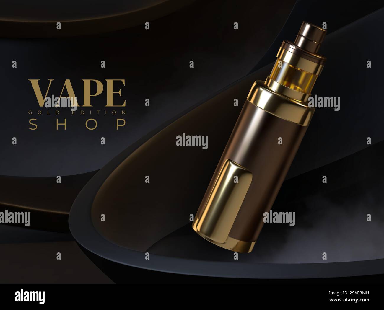 Vape advertising. Realistic electronic cigarette. 3D golden vaping ...