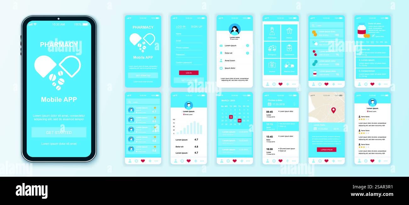 Pharmacy mobile app interface screens template set. Online account ...