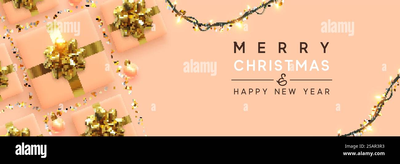 Christmas banner. Realistic gift boxes, sparkling lights garland, Shiny ...