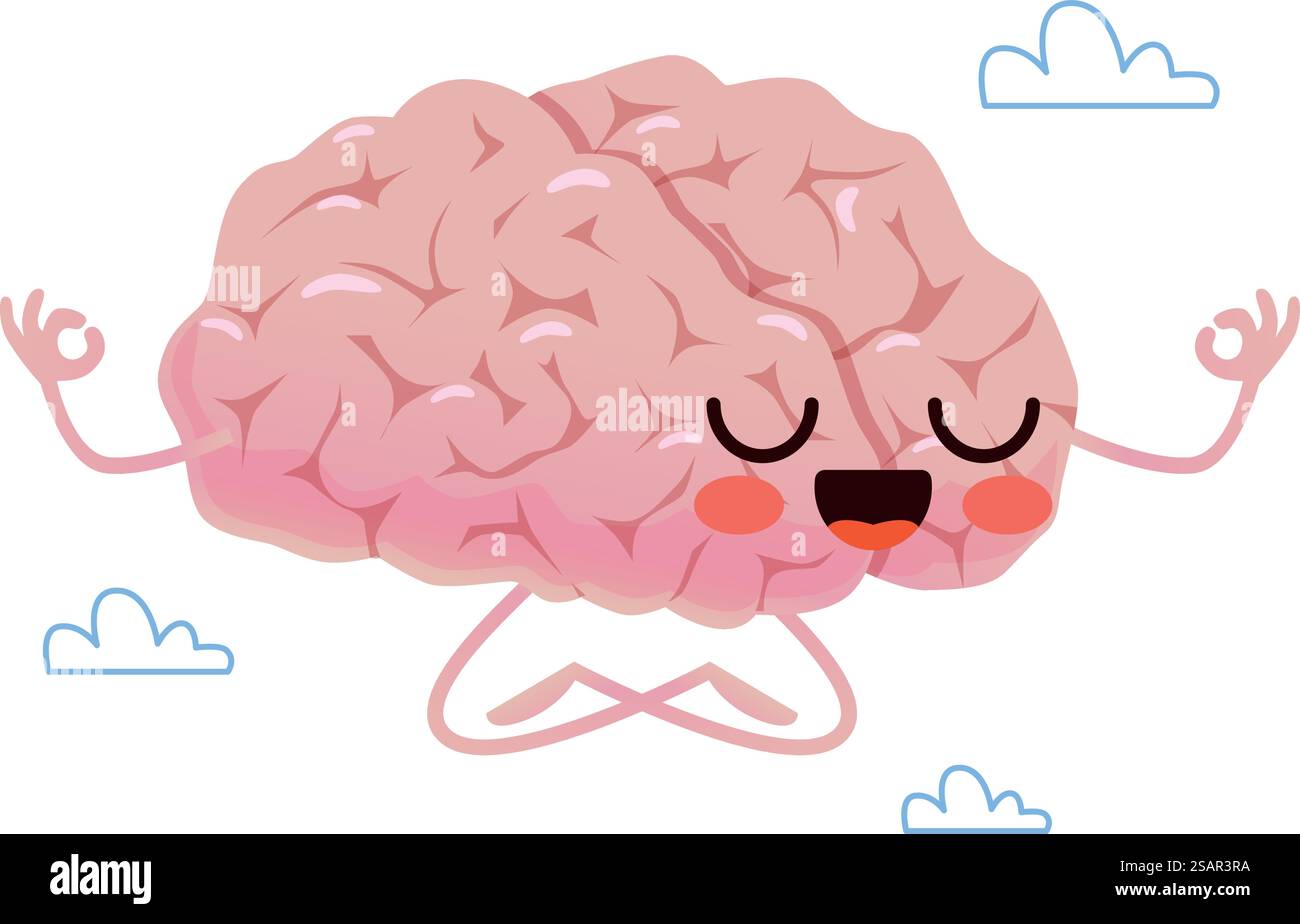 Brain meditating. Calm mind in cloud cartoon character isolated on ...