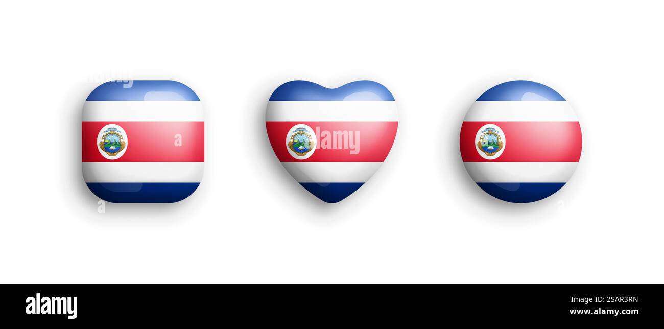 Costa Rica Official National Flag 3D Vector Glossy Icons In Rounded ...