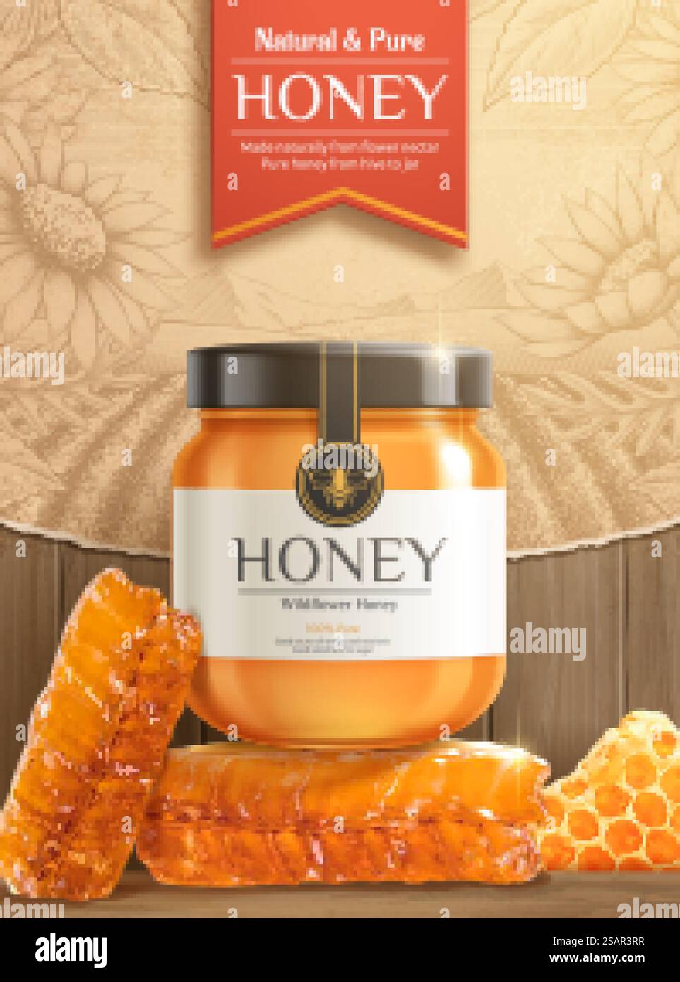 3d illustration of sweet honey ad template, golden jar mock-up set on ...