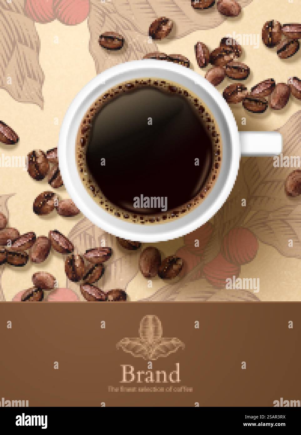 Top view of black coffee and beans on retro styled engraved background ...