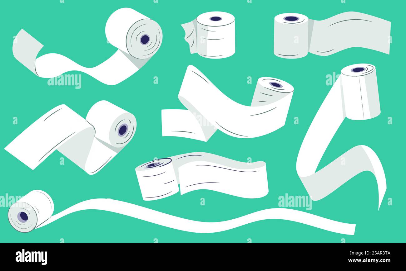 Unwound toilet paper. Tissue roll with ribbons, unrolled hand towel and ...