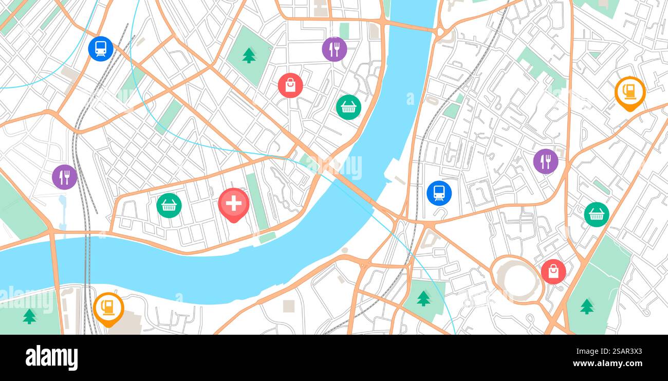 GPS point map. Navigation signs on city road scheme. Urban plan with ...