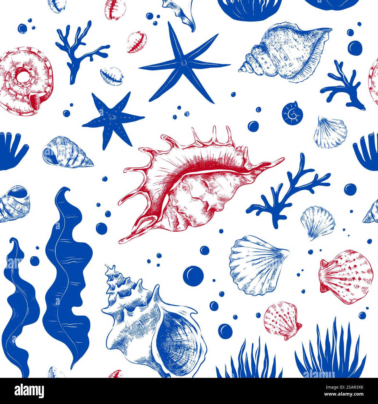 Sea shells pattern. Seamless texture with marine seashells. Blue ...