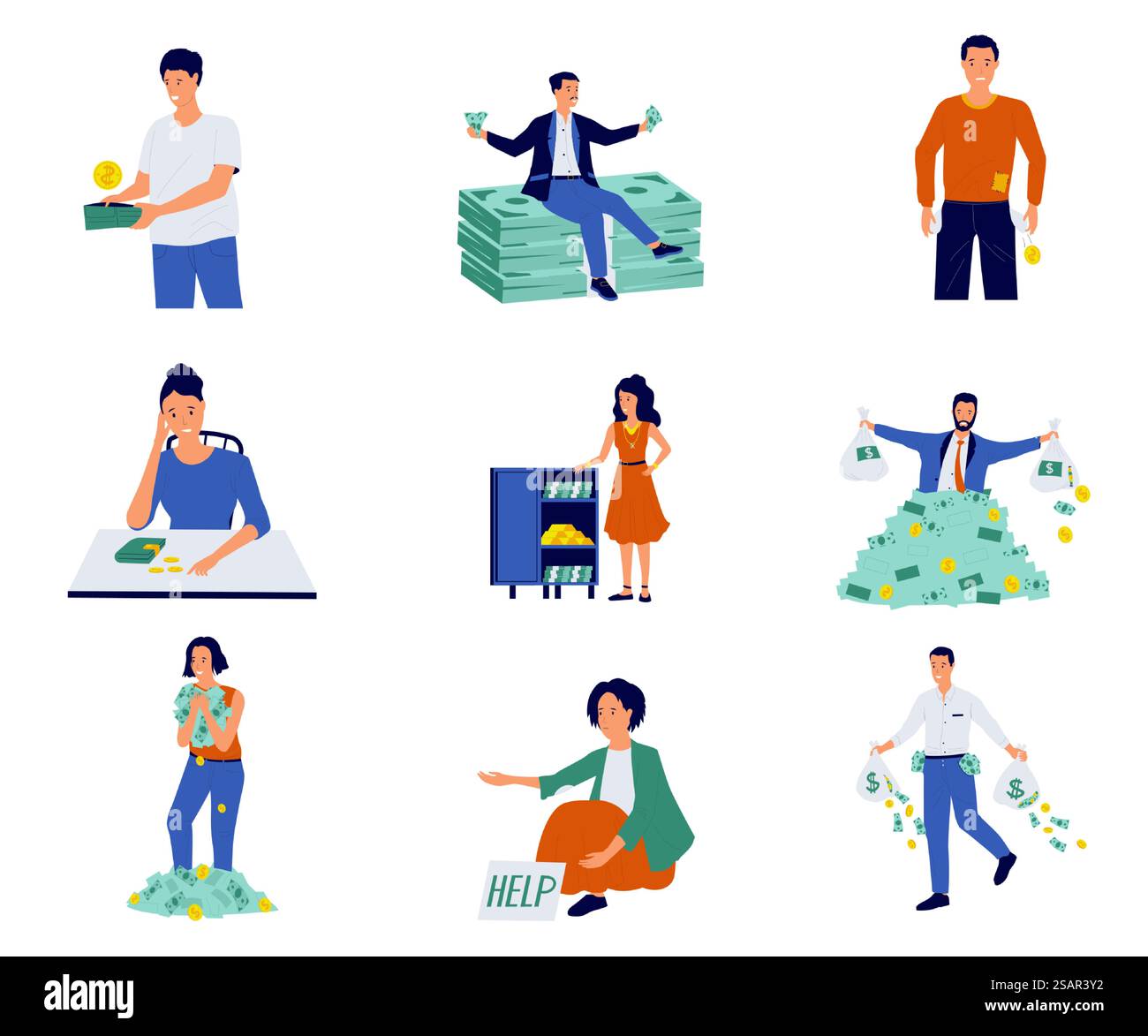 Rich and poor people. Cartoon characters saving and wasting money ...