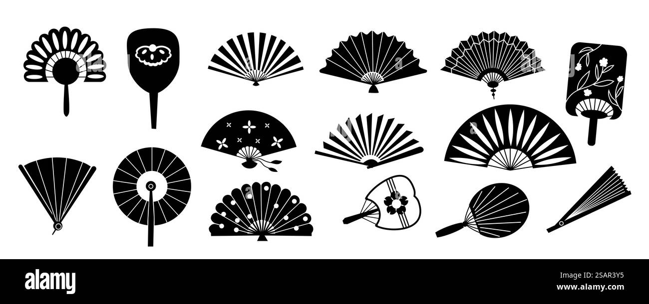 Oriental fans silhouettes. Asian traditional hand fans, elegant ...
