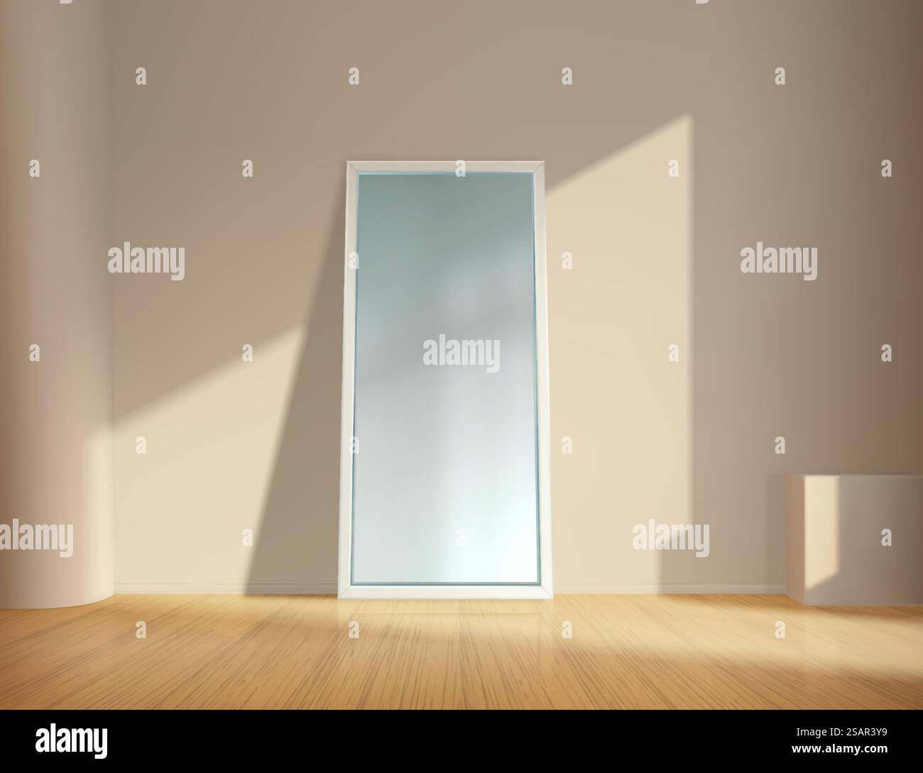 Realistic mirror. Empty room with square reflective glass frame leans ...