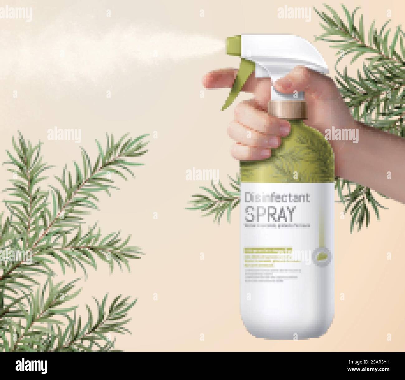 Realistic hand holding grass green trigger spray bottle, decorated with ...