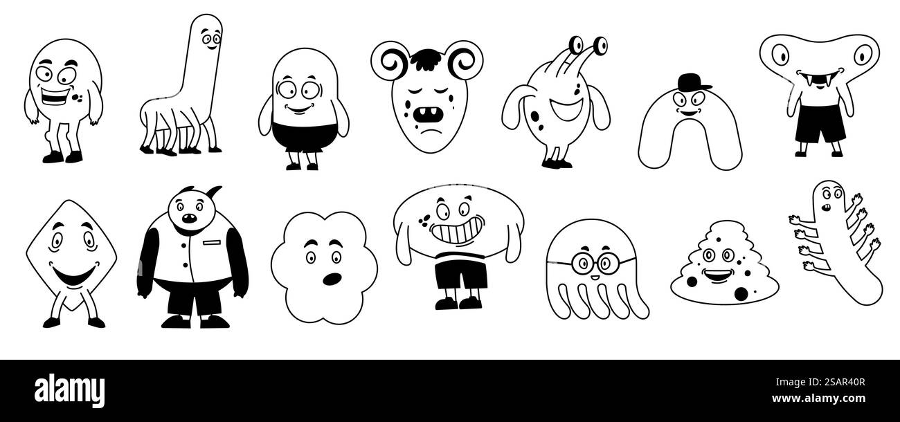 Doodle monsters. Cute alien shape characters, funny beast figures with ...