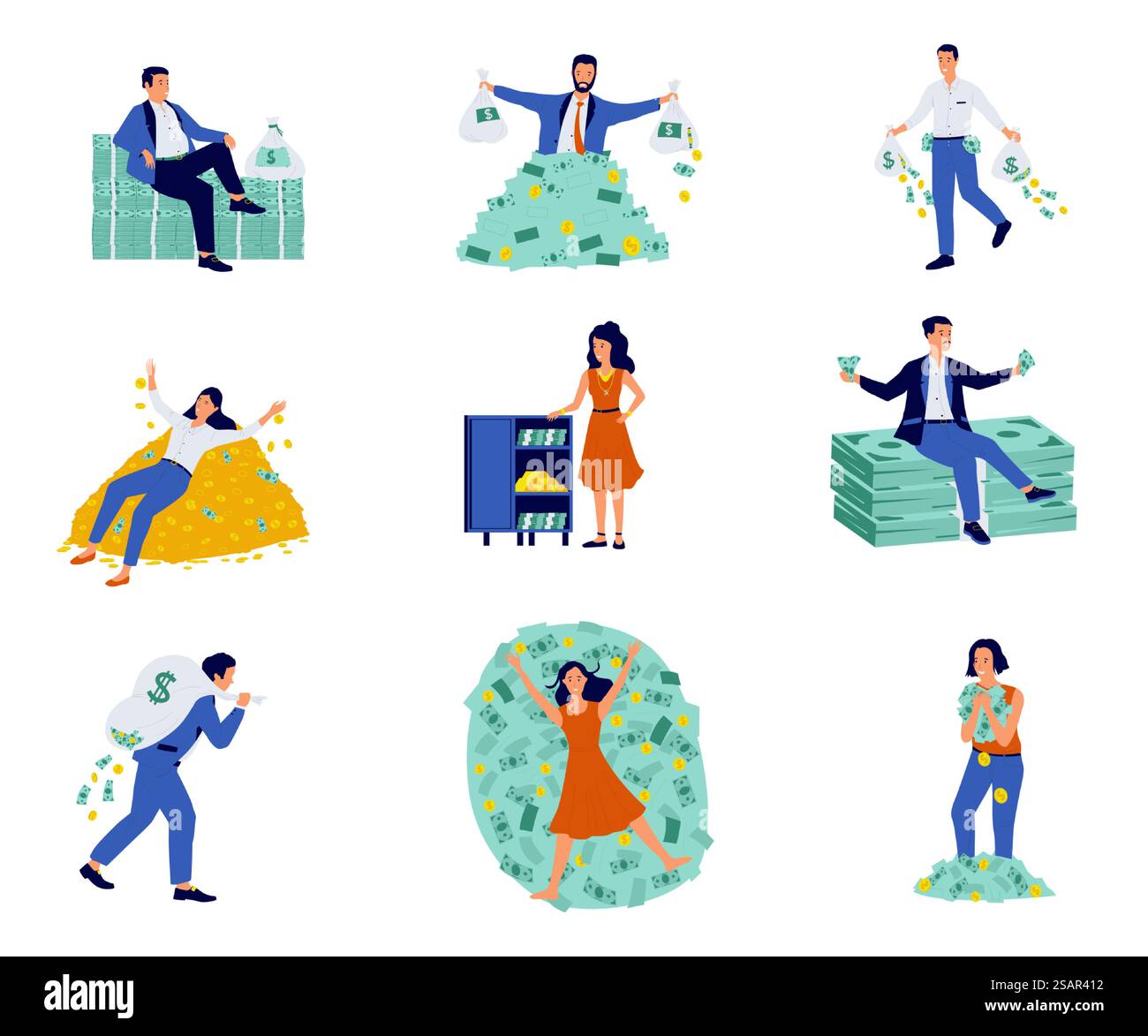 Rich people cartoon characters with mountains of cash and coins hi-res ...