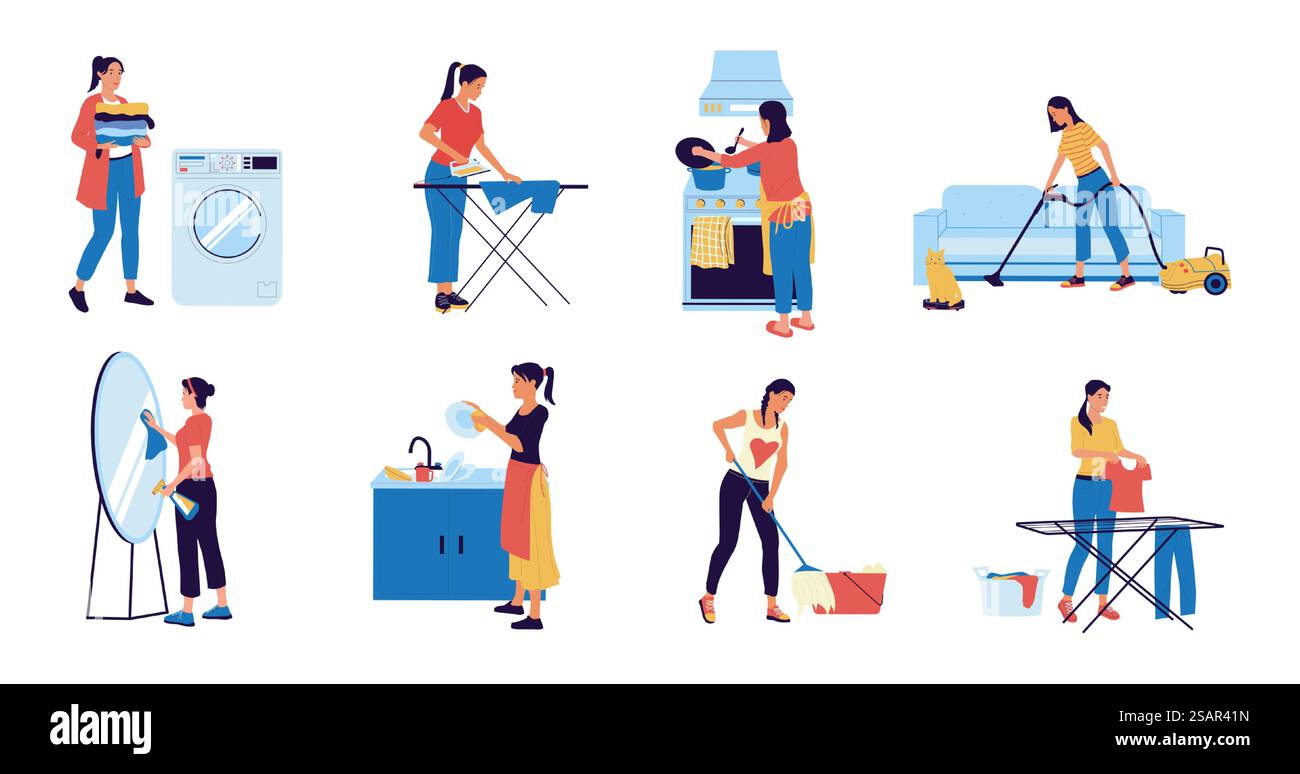 Housewife. Cartoon woman doing housework. Young cute female cooking ...