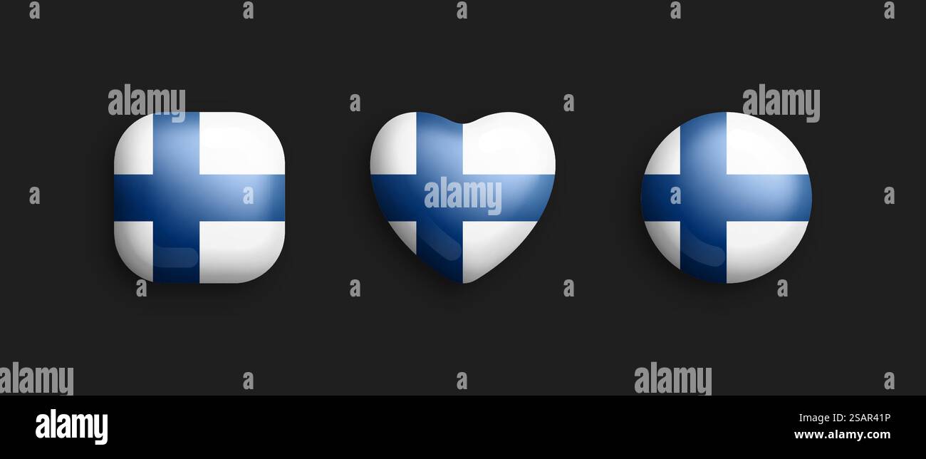 Finland Official National Flag 3D Vector Glossy Icons In Rounded Square, Heart And Circle Shape ...