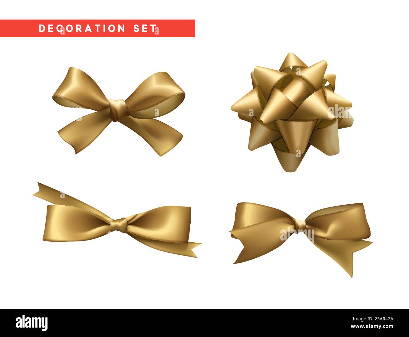 Set of Festive gold bows made of ribbon. Holiday different types of ...