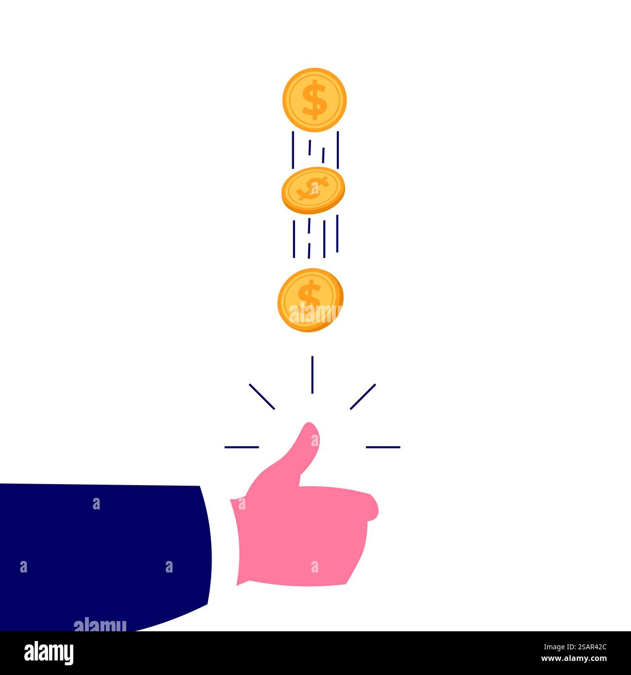 Hand tossing golden coin. Fortune concept. Cartoon human arm throwing ...